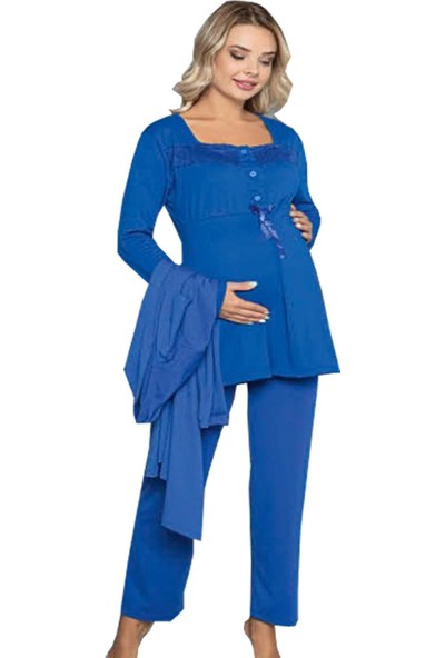 Eva Arinna Mavi Hamile Giyim 3'lü Sabahlık Pijama Takımı