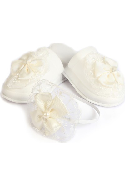 Azebu Güpürlü Lohusa Kadife Terlik ve Tacı Krem Boncuklu