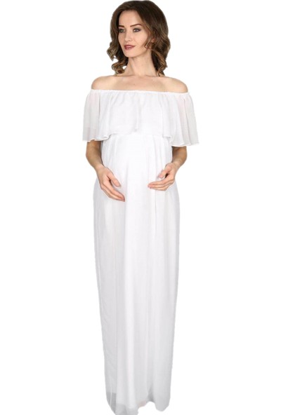 Moda Labio Babyshower Şifon Düşük Omuz Beyaz Hamile Elbisesi Moda Labio Babyshower Şifon Düşük Omuz Beyaz Hamile Elbisesi