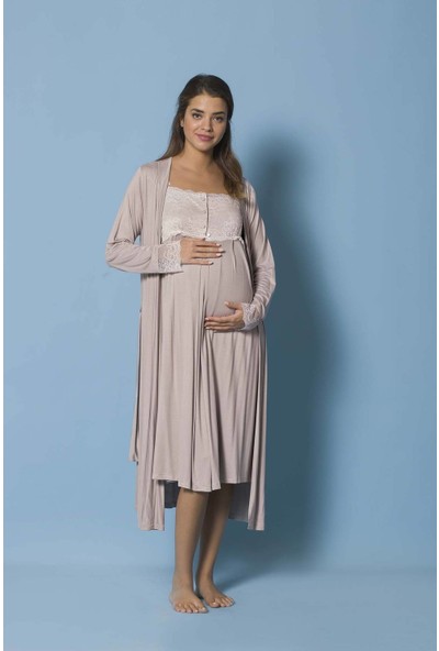 Monamise 18206 Hamile Lohusa Sabahlıklı Gecelik Takım - Vizon