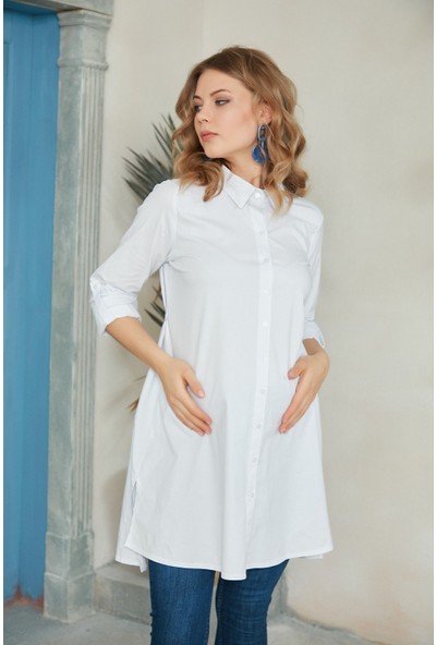 Görsin Hamile Gör&sin Yırtmaçlı Beyaz Hamile Gömlek