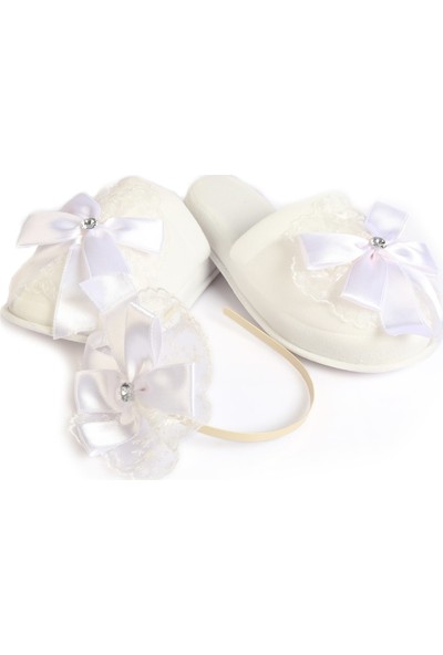 Azebu Krem Tek Boncuk Lohusa Kadife Terlik ve Tacı