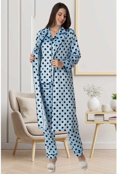 Carpediem 1552 Puantiyeli Saten Mavi Sabahlıklı Lohusa Pijama Takımı