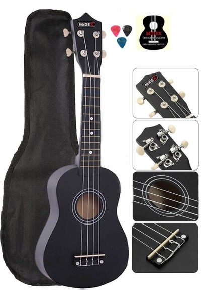 Midex UKX-901 BK Siyah Soprano Ukulele (Metod Kılıf Pena)