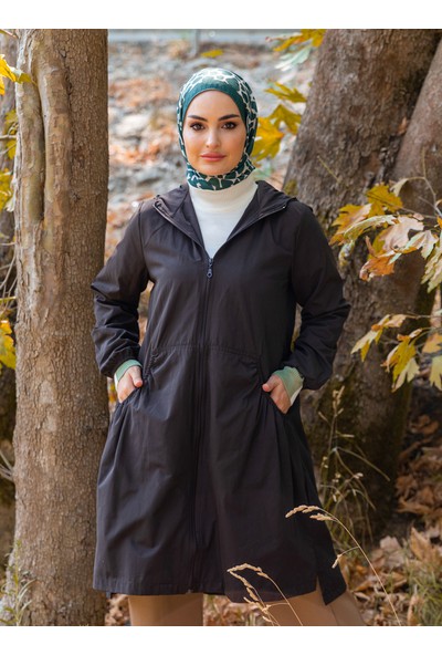 Tavin Kol Ucu Lastikli Kapüşonlu Fermuarlı Mont - Koyu Kahverengi - Tavin