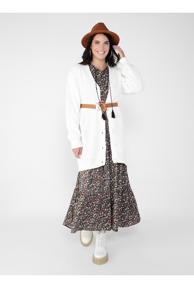 Alia Büyük Beden Düğme Detaylı Triko Hırka - Ekru - Alia