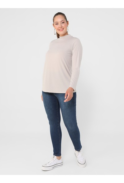 Alia Büyük Beden Doğal Kumaşlı Yüksek Bel Likralı Kot Pantolon - Koyu Mavi - Alia