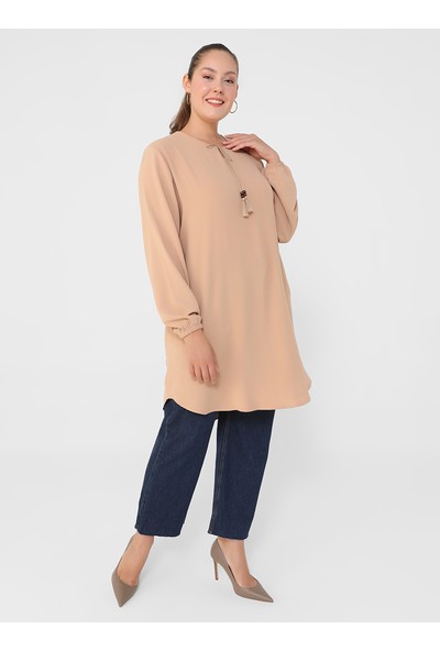 Alia Büyük Beden Püskül Detaylı Tunik - Krem - Alia