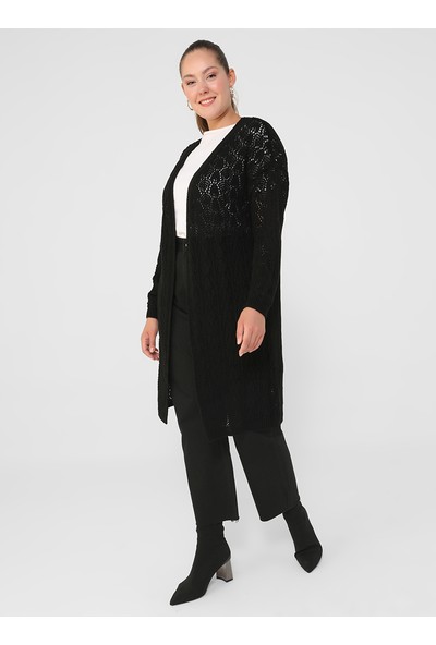 Alia Büyük Beden Örgülü Triko Hırka - Siyah - Alia