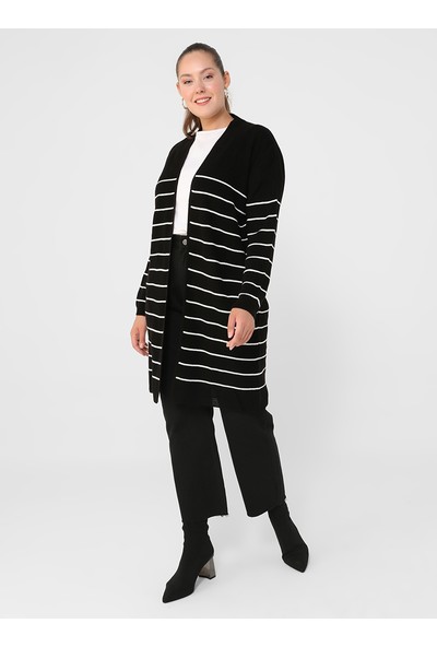 Alia Büyük Beden Çizgili Triko Hırka - Siyah Ekru - Alia