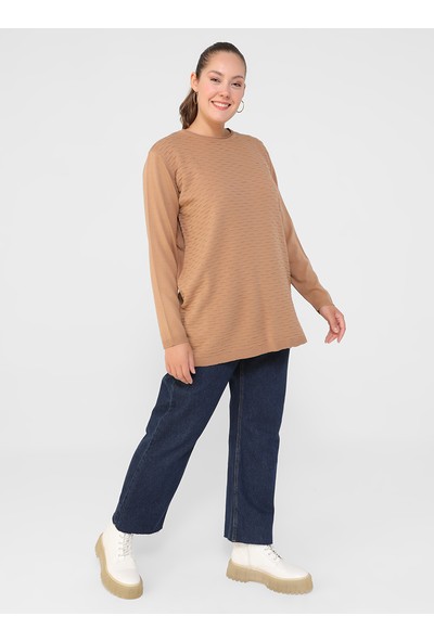 Alia Büyük Beden Bisiklet Yaka Triko Tunik - Latte - Alia