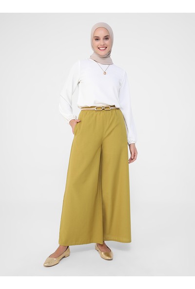 Refka Geniş Paça Beli Lastikli Pamuklu Pantolon - Yağ Yeşili - Refka Casual Refka Geniş Paça Beli Lastikli Pamuklu Pantolon - Yağ Yeşili - Refka Casual