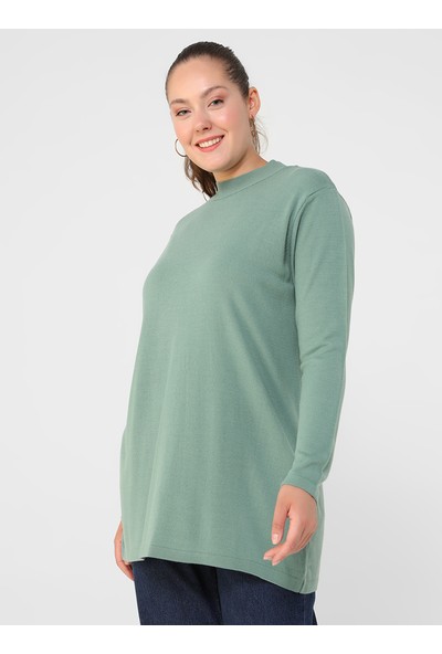 Alia Büyük Beden Bisiklet Yaka Triko Tunik - Çağla - Alia