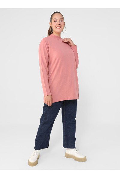 Alia Büyük Beden Bisiklet Yaka Triko Tunik - Gül Kurusu - Alia