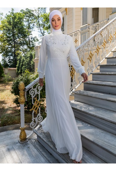 Refka Boncuk Işleme Detaylı Abiye Elbise - Off White - Refka Woman Refka Boncuk Işleme Detaylı Abiye Elbise - Off White - Refka Woman