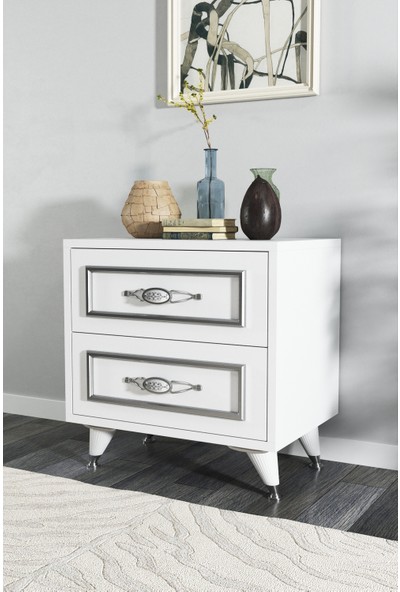 Evdemo Gümüş Çerçeveli 2 Çekmeceli Komodin