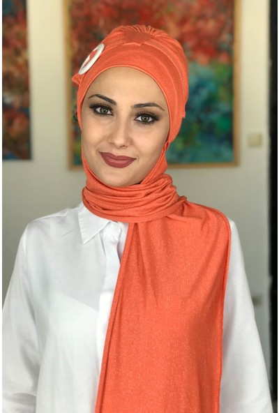 Butik Ambar Turuncu Tokalı Bone Şal