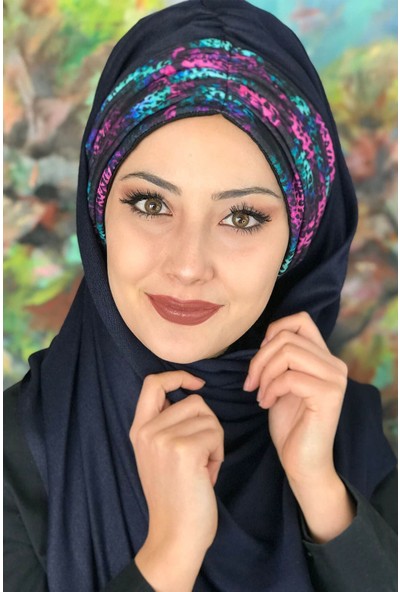 Butik Ambar Lacivert Üzeri Pembe Mavi Desenli Büzgülü Lacivert Hazır Şal Butik Ambar Lacivert Üzeri Pembe Mavi Desenli Büzgülü Lacivert Hazır Şal