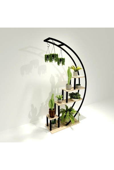 Mavienerji Siyah Dekoratif Metal Ahşap Çiçeklik Saksılık Dekoratif Raf