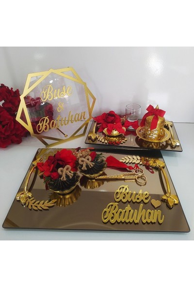Beyaz Gelincik Tasarım Buse Üçlü Söz Nişan ve Damat Kahvesi Tepsisi Masaüstü Isimlik Seti