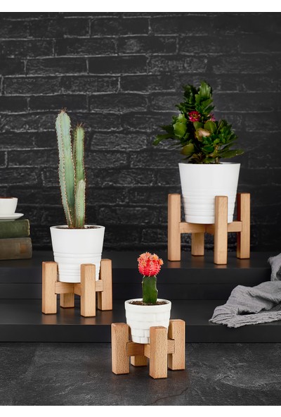 Melik's Trilya Mini Ahşap Saksı Standı Saksılık 3 Boy Saksı Ayağı
