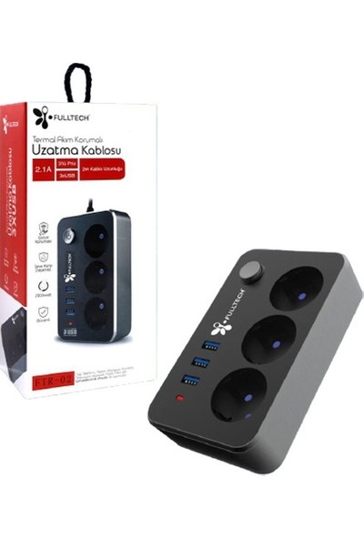 Fulltech Termal Akım Korumalı Isıya Karşı Dayanıklı 3'lü Priz Kablo Uzunluğu 2 3'lü USB Griş Fulltech Termal Akım Korumalı Isıya Karşı Dayanıklı 3'lü Priz Kablo Uzunluğu 2 3'lü USB Griş