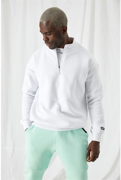Gothamvibes Erkek Beyaz Fermuarlı Oversize Sweatshirt