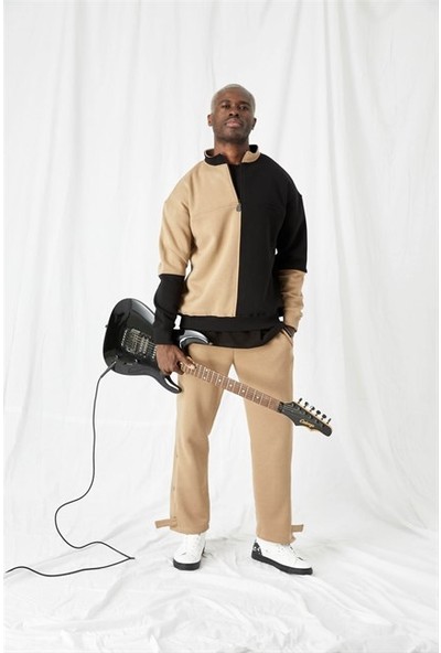 Gothamvibes Erkek Fermuarlı Oversize Bej-Siyah Sweatshirt Gothamvibes Erkek Fermuarlı Oversize Bej-Siyah Sweatshirt