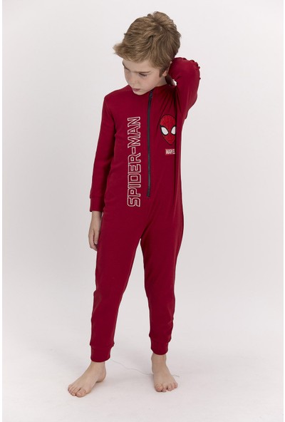 Spiderman Lisanslı Bordo Erkek Çocuk Fermuarlı Tulum