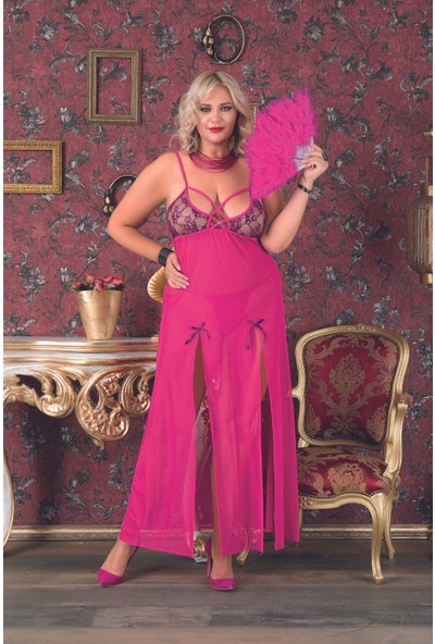 Tarzınbu Fuşya Yırtmaçlı Büyük Beden Uzun Gecelik 7525 Tarzınbu Fuşya Yırtmaçlı Büyük Beden Uzun Gecelik 7525