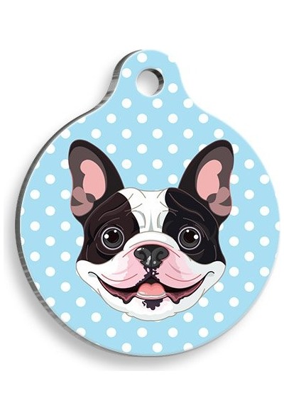 Altın Pati Mavi Puantiyeli French Bulldog Yuvarlak Köpek Künyesi Altın Pati Mavi Puantiyeli French Bulldog Yuvarlak Köpek Künyesi