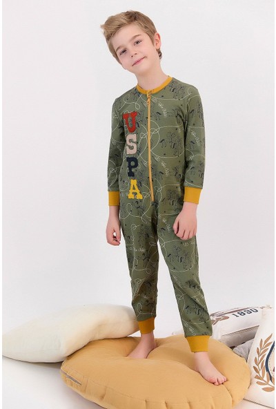 U.S. Polo Assn. Haki Erkek Çocuk Ribanalı Fermuarlı Tulum