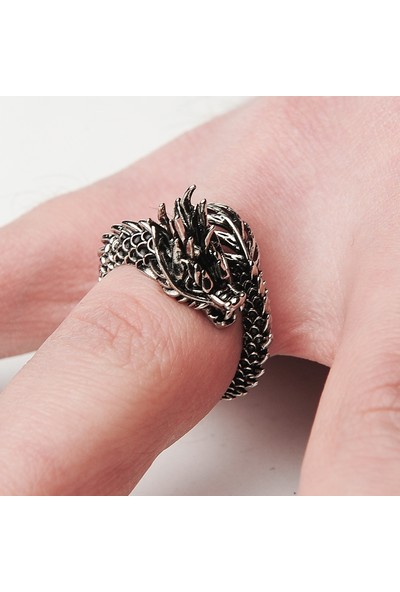 Ejderha Tasarımlı Gotik Motorcu Ayarlanabilir Çelik Yüzük