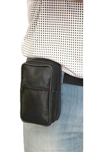 Lederax Deri Telefon Bölmeli Kemer Çantası 3 Bölmeli Dikey