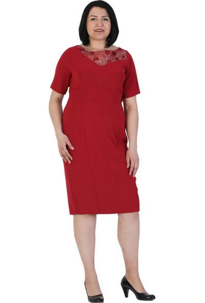 Günay Fierte Kadın Büyük Beden Abiye Elbise LG6811 Yuvarlak Yaka Kısa Kol Dantel Sırt Krep Siyah Lacivert Bordo