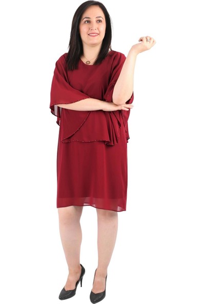 Günay Fierte Kadın Büyük Beden Elbise RG6355 Yuvarlak Yaka Kolsuz Pelerin Detay Şifon Diz Üstü Bordo Saks Mavi Günay Fierte Kadın Büyük Beden Elbise RG6355 Yuvarlak Yaka Kolsuz Pelerin Detay Şifon Diz Üstü Bordo Saks Mavi