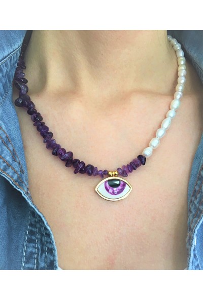 Floom Jewelry Eflatun Göz Detaylı Inci ve Ametist Kolye Floom Jewelry Eflatun Göz Detaylı Inci ve Ametist Kolye