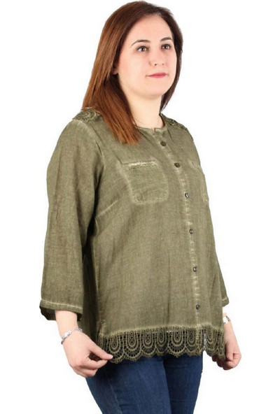 Günay Fierte Kadın Büyük Beden Gömlek MNSRB0070 Yuvarlak Yaka Dantel Ucu Pamuk Otantik Etnik Haki Turkuaz