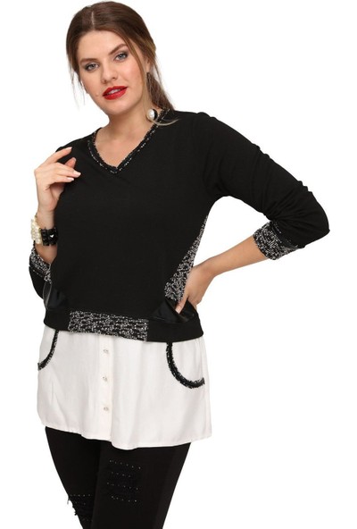 Günay Fierte Kadın Büyük Beden Bluz LM43350 V Yaka Kombin Uzun Kol Siyah
