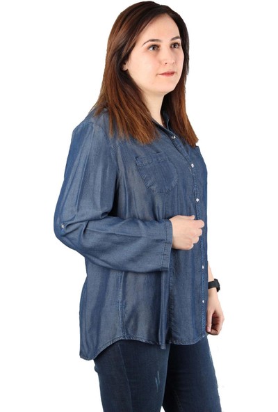 Günay Fierte Kadın Büyük Beden Gömlek Ccmeli Yakalı Katlanır Uzun Kol Mevsimlik Jean Spor Cep Pamuk Indigo