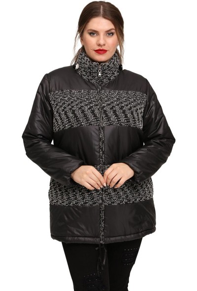 Günay Fierte Kadın Büyük Beden Kaban LM46030 Dik Yaka Fermuar Kapama Uzun Kol Şişme Triko Kombin Spor Cep Hafif Siyah