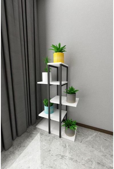 Tiryaki Dekoratif Metal Gövdeli Ahşap Saksı Standı Metal Profil Saksılık Çiçek Rafı Ceviz Tekli Çiçeklik Tekli Çiçeklik