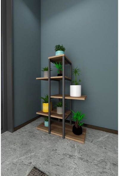 Tiryaki Dekoratif Metal Gövdeli Ahşap Saksı Standı Metal Profil Saksılık Çiçek Rafı Ceviz Tekli Çiçeklik Tekli Çiçeklik