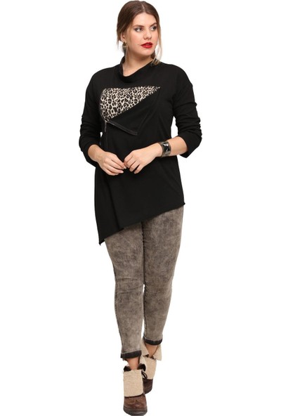 Günay Fierte Kadın Büyük Beden Bluz LM43320 Balıkçı Yaka Ön Fermur Detay Uzun Kol Siyah