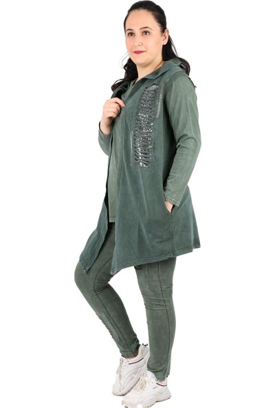 Günay Fierte Kadın Büyük Beden Yelek SWS3049 Sabit Kapüşon Pul Payet Detay Spor Cep Yıkanmış Penye Lacivert Haki Siyah