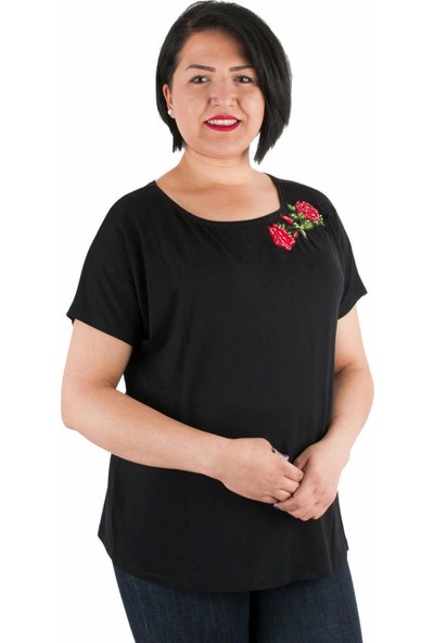 Günay Fierte Kadın Büyük Beden Bluz Ccalisa Yuvarlak Yaka Boncuk Işleme Detay Düşük Kol Penye Spor Siyah