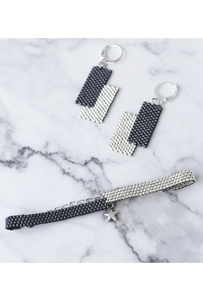 DM Miyuki Miyuki Küpe ve Bileklik Takımı (Füme&gümüş)