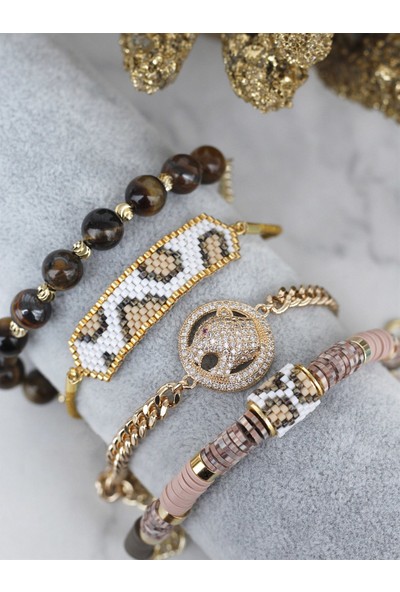 DM Miyuki Leopar Desenli Doğal Taşlı Bileklik Seti