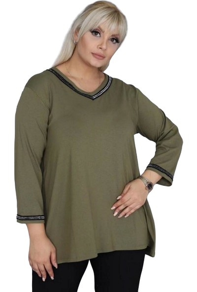 Günay Fierte Kadın Büyük Beden Bluz BK19134 V Yaka Truvakar Kol Spor Basic Penye Siyah Saks Mavi Haki