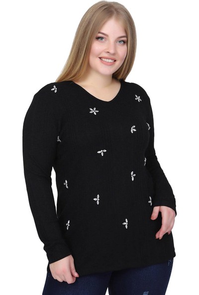 Günay Fierte Kadın Büyük Beden Bluz RG6929 V Yaka Taş Detay Ince Triko Uzun Kol Siyah Günay Fierte Kadın Büyük Beden Bluz RG6929 V Yaka Taş Detay Ince Triko Uzun Kol Siyah